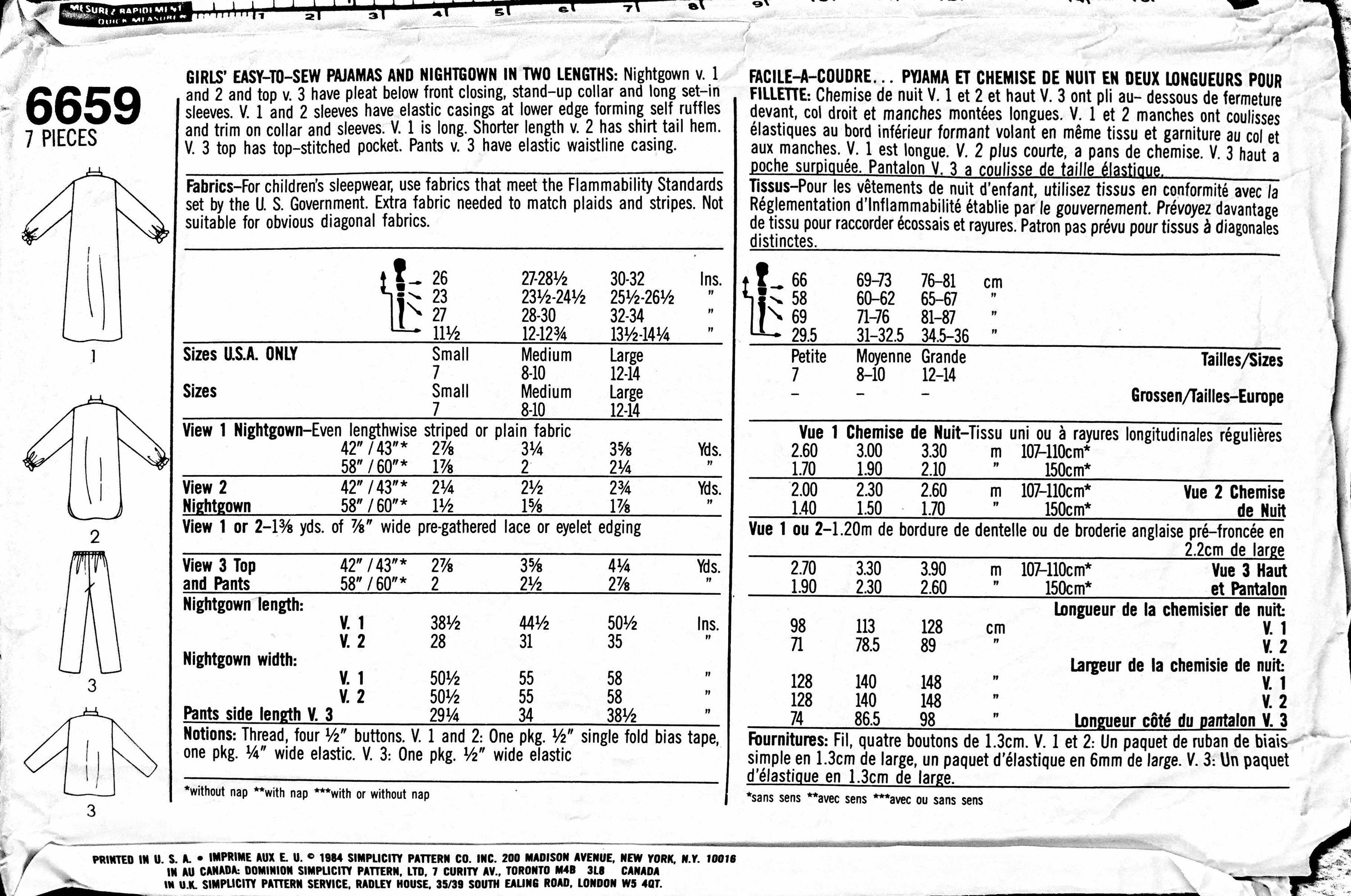 80’s Simplicity 6659 Girls Easy to Sew Pajamas Nightgown Sz Med 8 10 ...