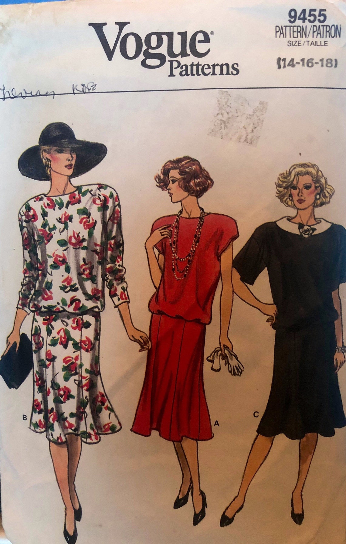 Vintage 1980 Vogue Patterns 9455 SZ 14 16 18 Misses Dress Loose Fitting ...