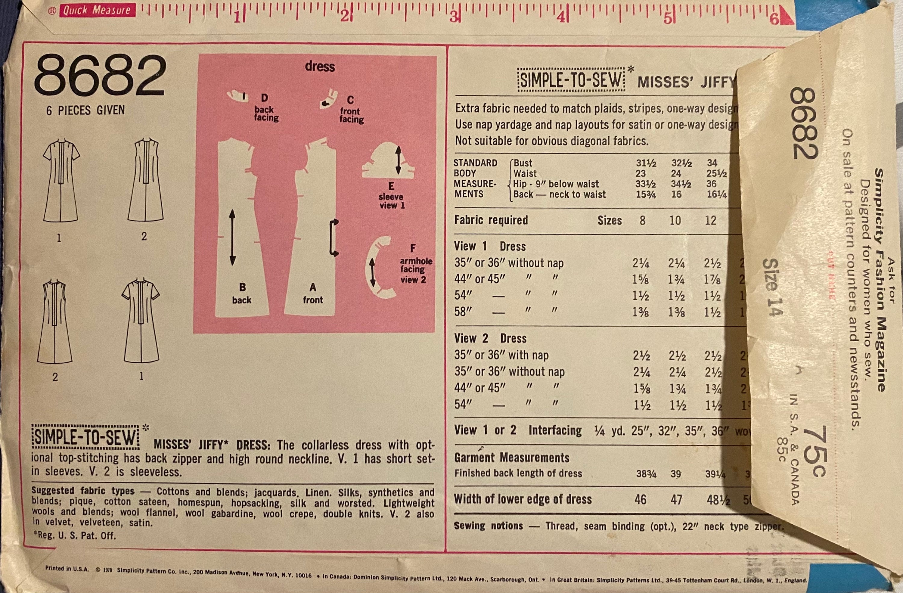 70’s Simplicity 8682 Jiffy Pattern Misses Shift Dress Size 14 Bust 36 ...