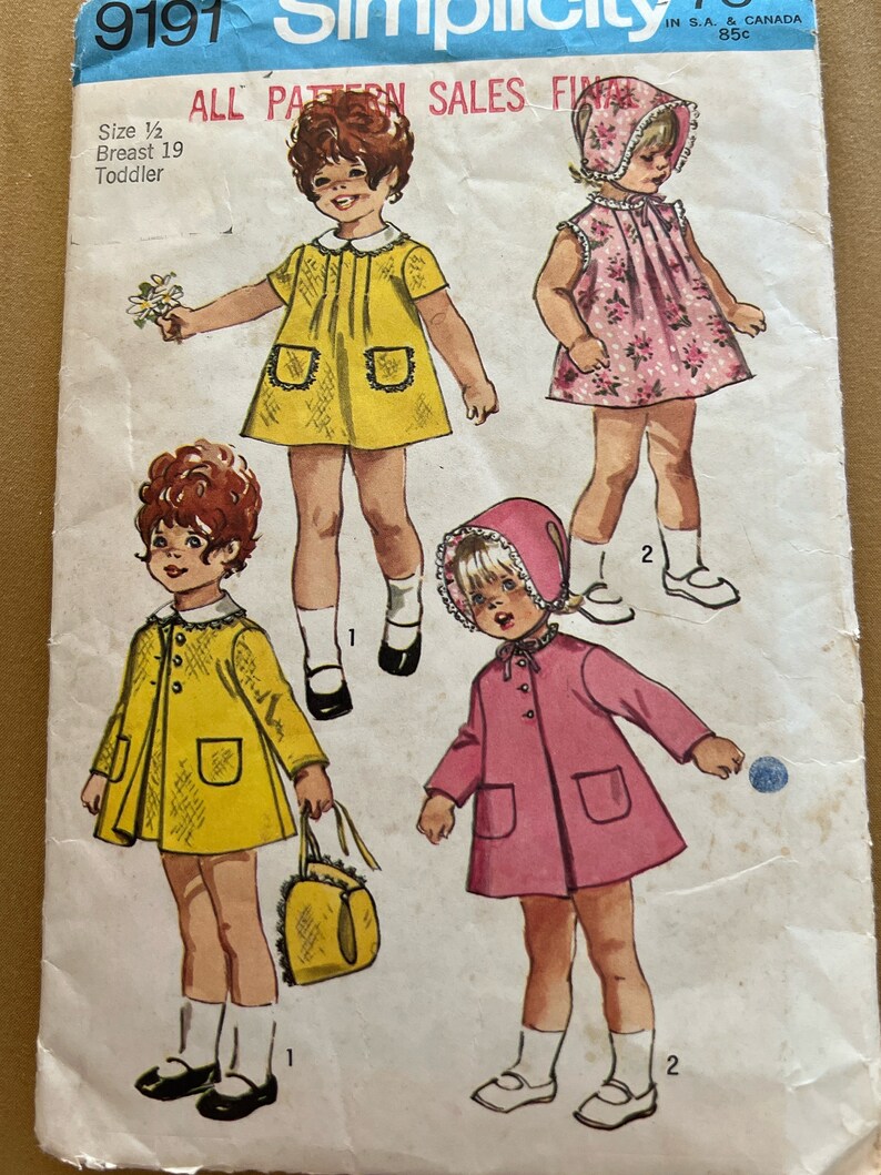 Simplicity 9191 Sewing Pattern 1970 Sz 1/2 Breast 19 Girls Toddler ...