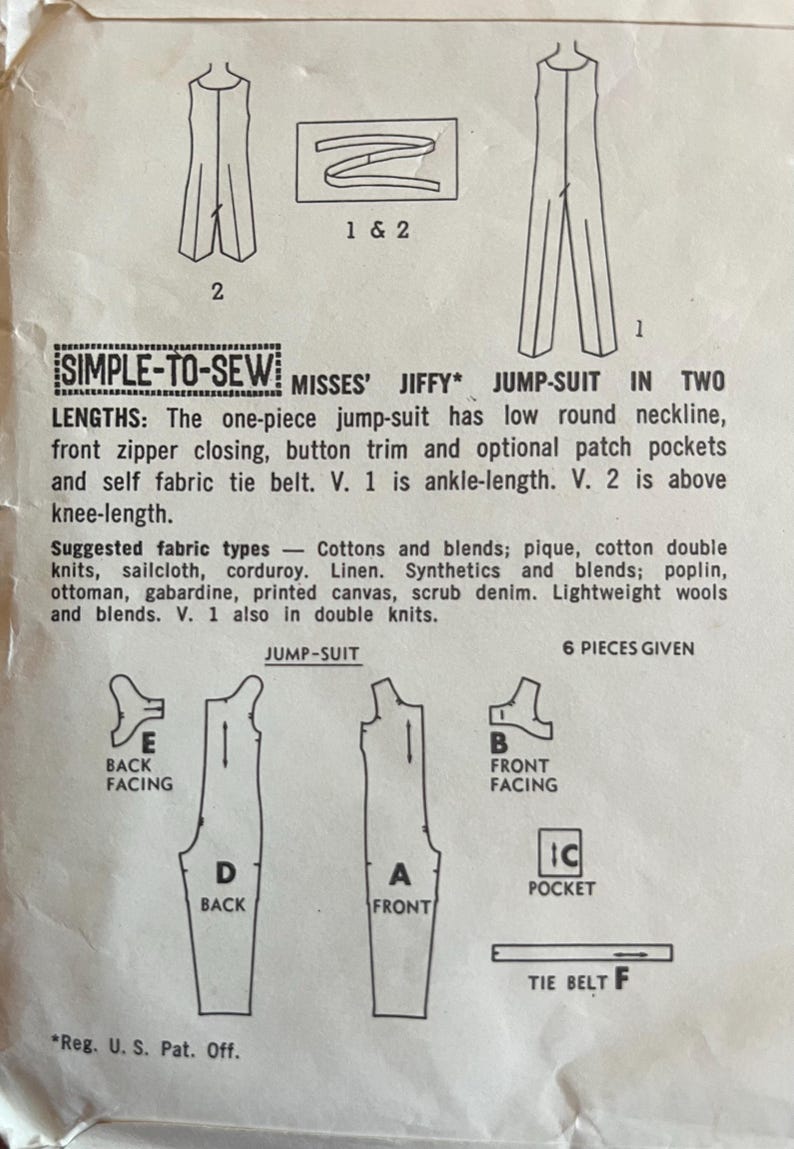 Simplicity 7133 Jiffy Jumpsuit Pattern Misses SZ 12 Bust 32 1967 Vtg FF ...