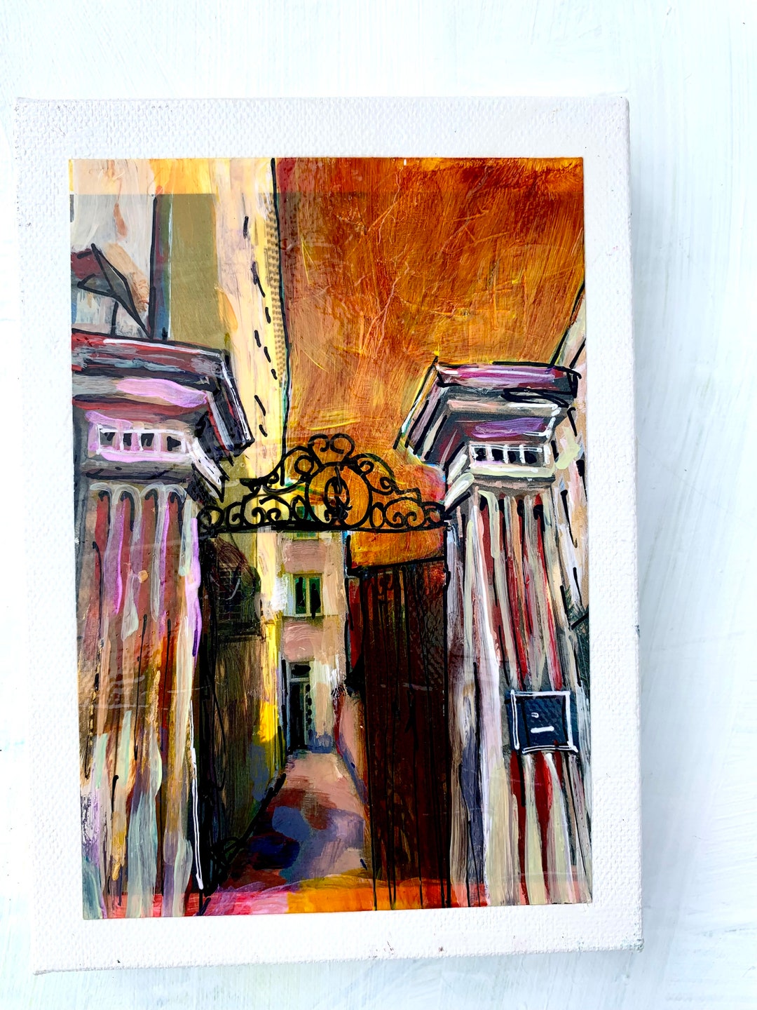 Original Art-Français Architecture-Acrylique, peinture mixte sur toile ...