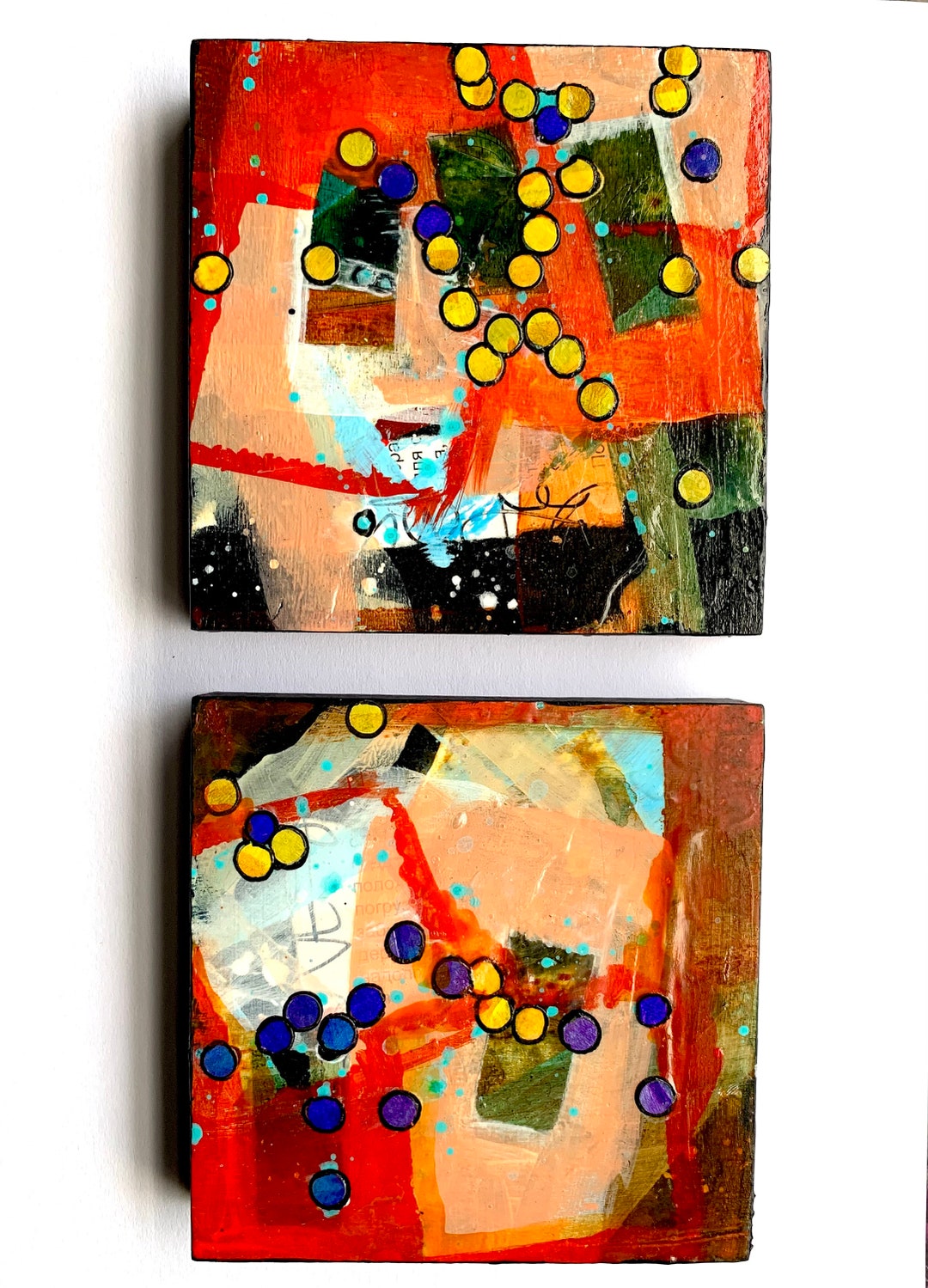 Original Art-tiny Abstract Painting Set-acrylic, Mixed Media Collage ...