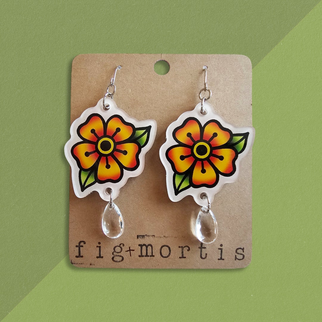 Rose Tattoo Flash Earrings, Tattoo Earrings, Rose Earrings, Stainless ...