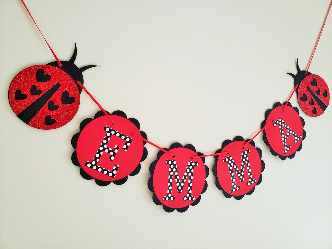 Lady Bug Name Banner, Lady Bug Birthday Theme Banner, Lady Bug Custom ...