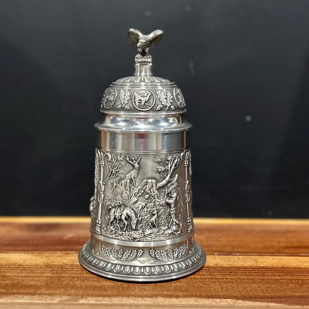 Pewter German Beer Stein Jagermeister Hunter Deer Turkey Elk Phesant ...