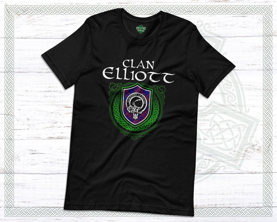 Clan Elliott Scottish Tartan T-shirt With Clan Crest Badge, Motto, and ...