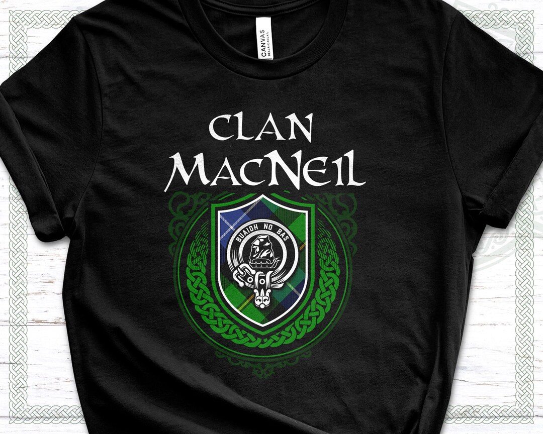 Clan Macneil Scottish Tartan T-shirt With Clan Crest Badge, Motto, and ...