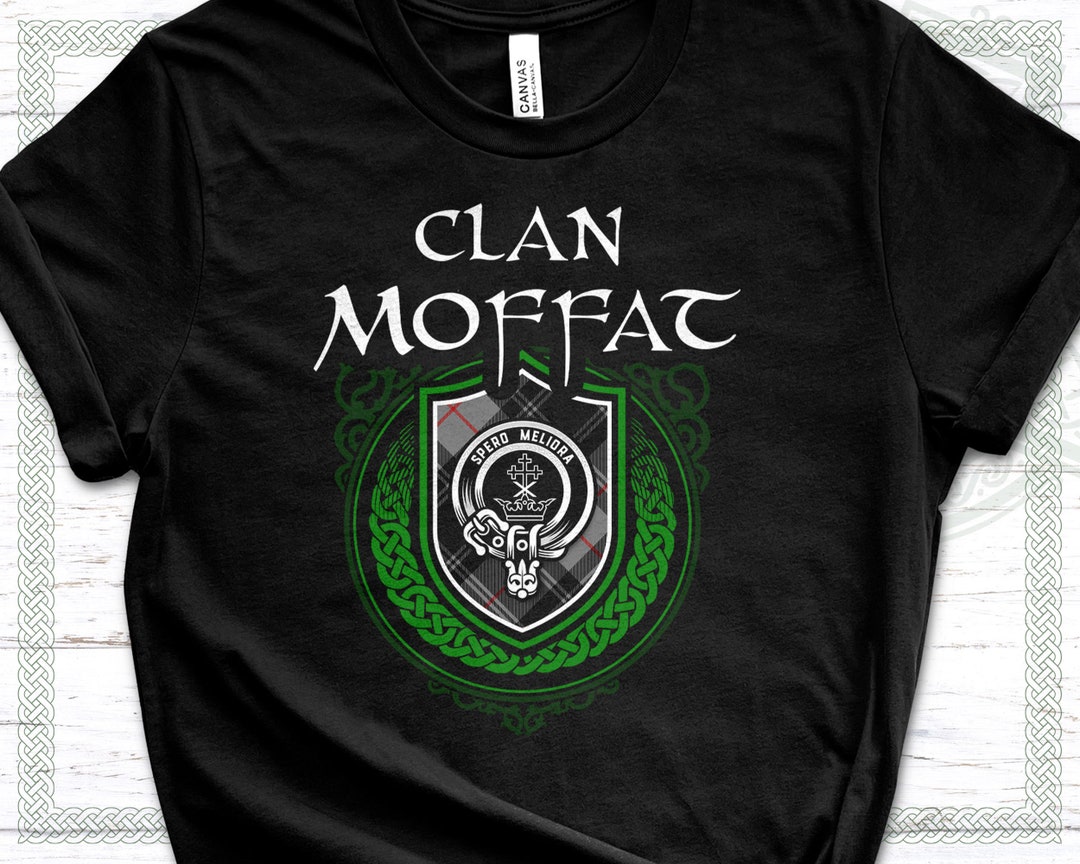 Clan Moffat Scottish Tartan T-shirt With Clan Crest Badge, Motto, and ...