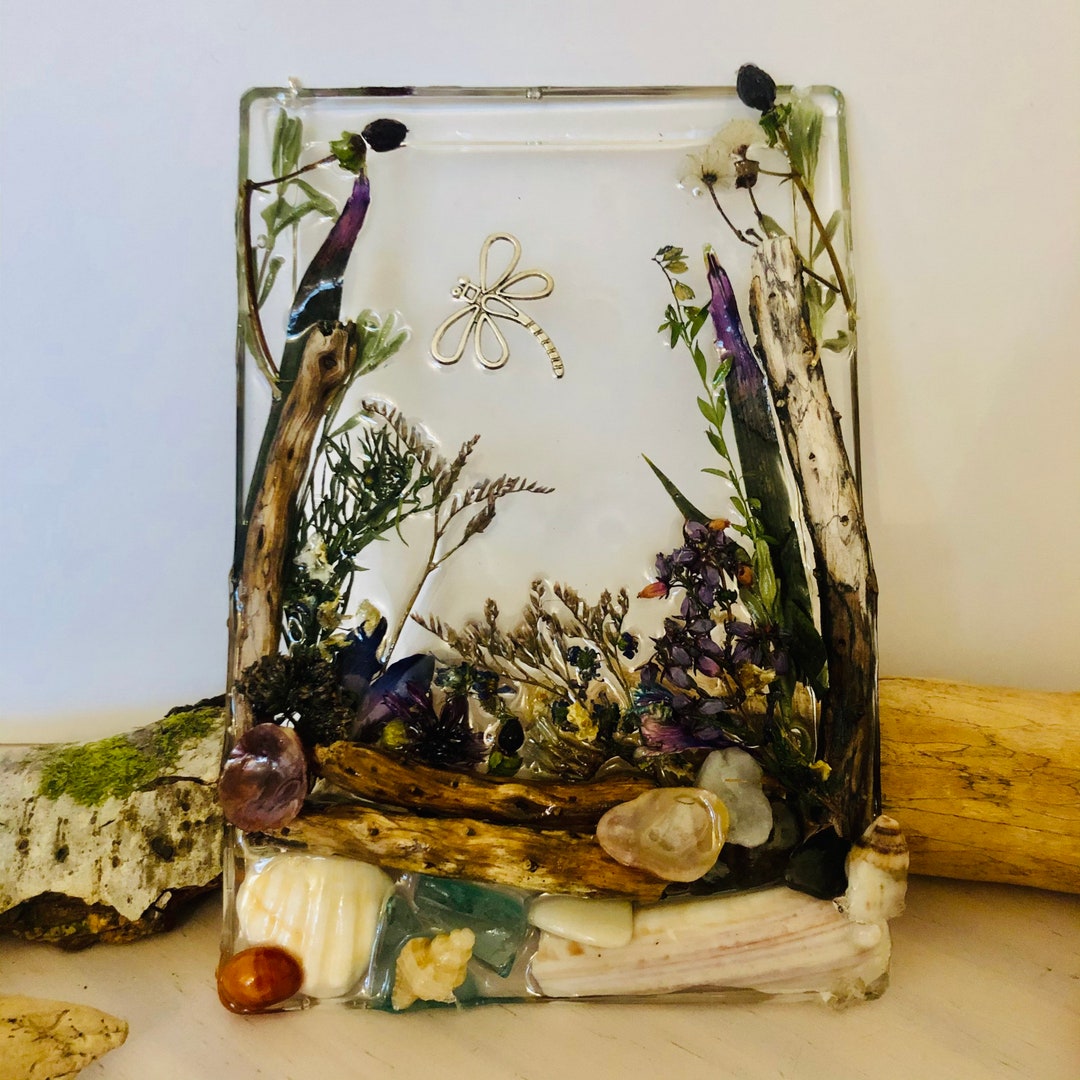 Real Flower and Resin Woodland Scene With Dragonfly, Resin Art Wall Art ...