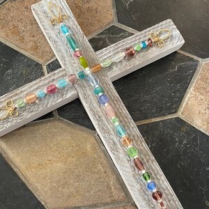 White Washed Wooden Cross With Pastel Glass Beads Affixed With Hand ...