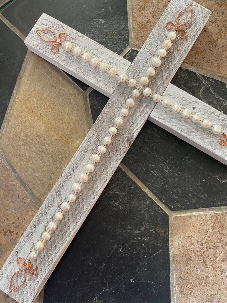 White Washed Wood Cross With Fresh Water Potatoe Pearls and Clear ...