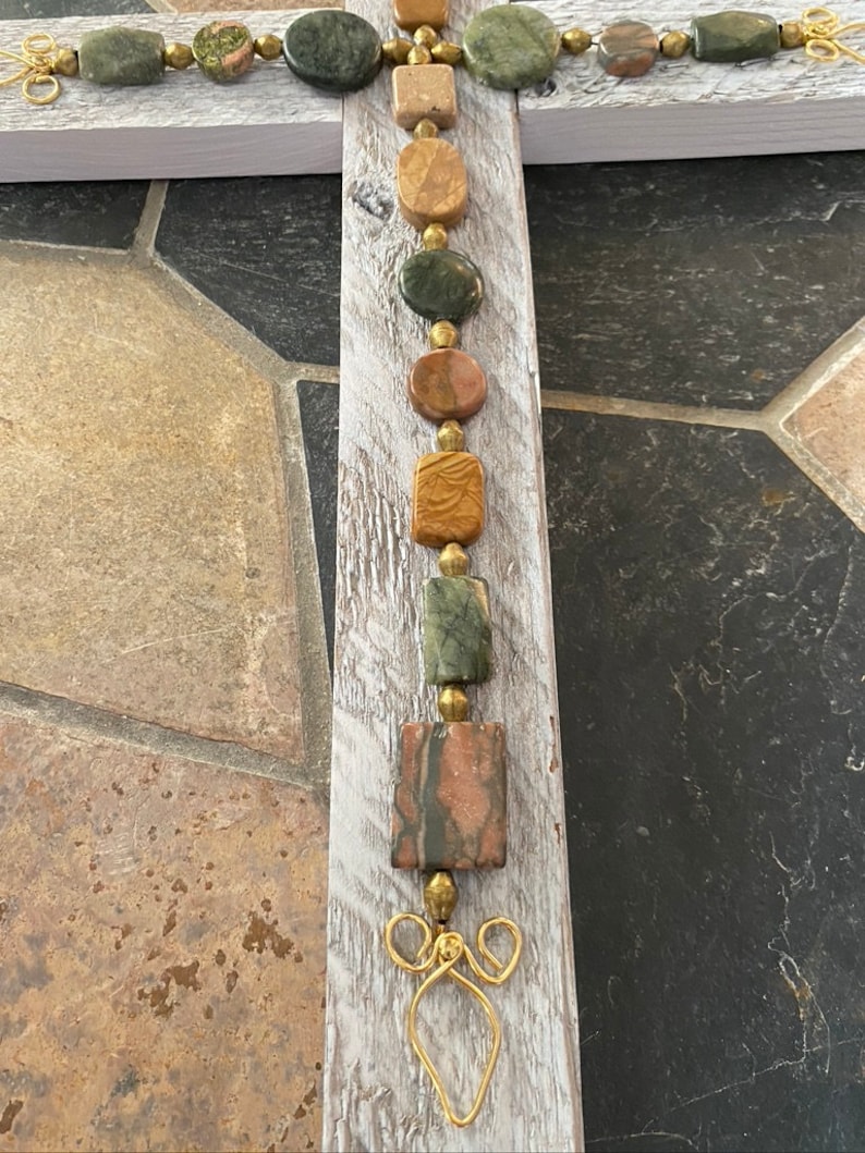White Washed Wood Cross With Shades of Green and Beige Stones Attached ...