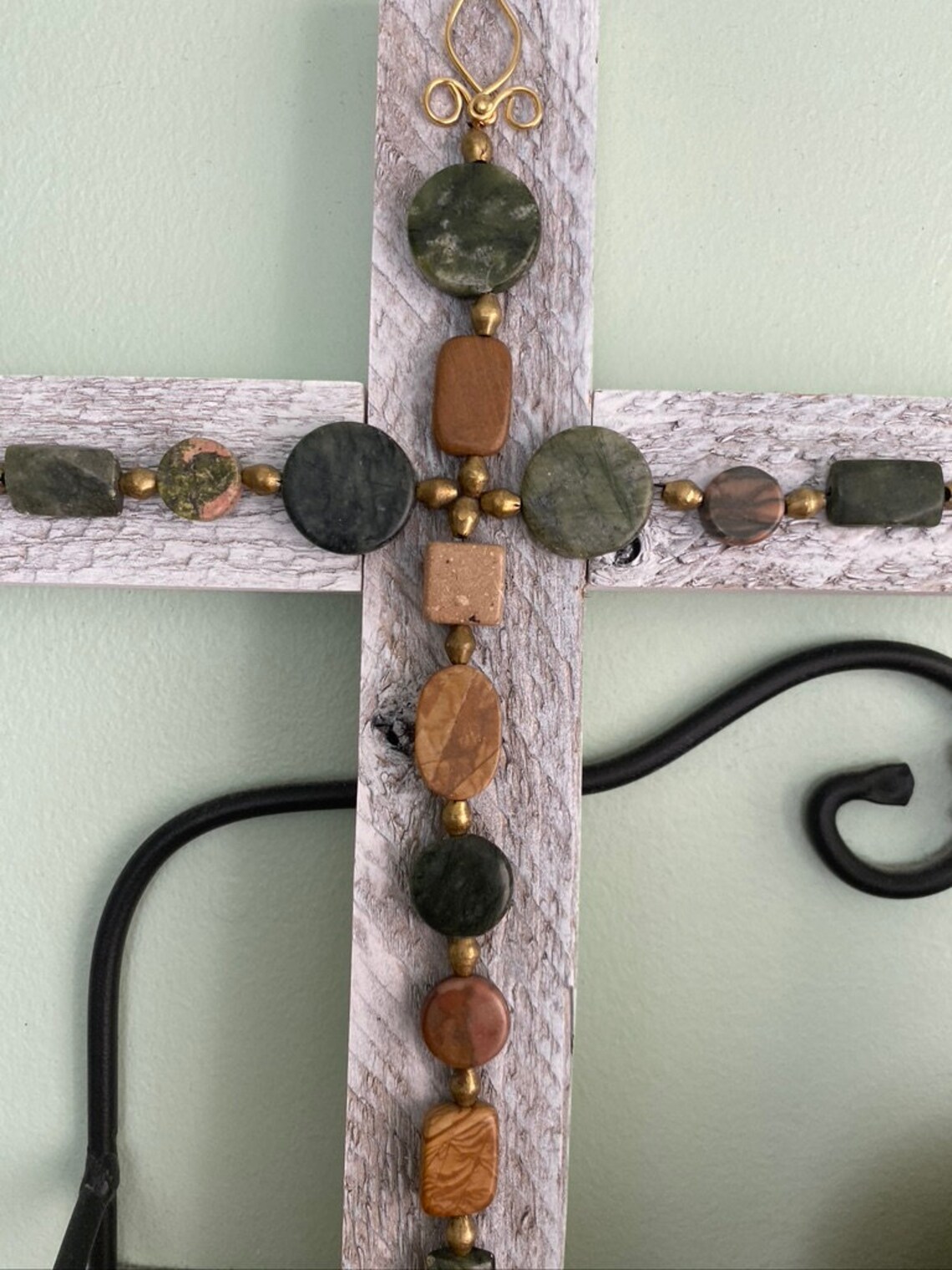 White Washed Wood Cross With Shades of Green and Beige Stones Attached ...