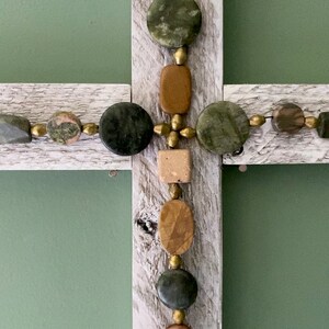 White Washed Wood Cross With Shades of Green and Beige Stones Attached ...