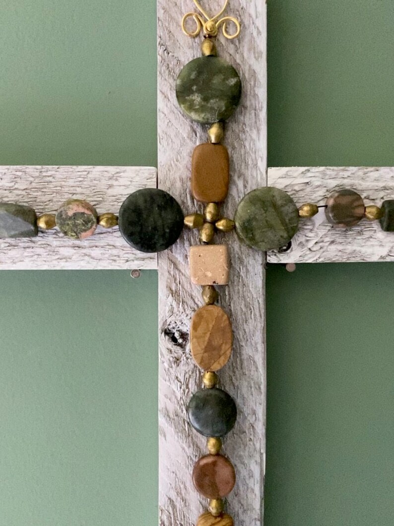 White Washed Wood Cross With Shades of Green and Beige Stones Attached ...