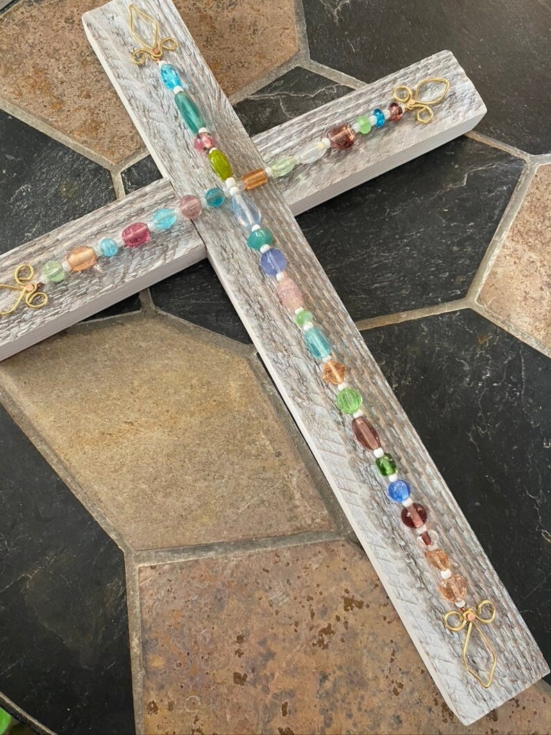 White Washed Wooden Cross With Pastel Glass Beads Affixed With Hand ...