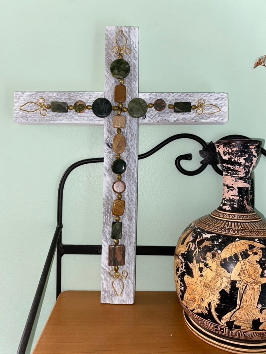 White Washed Wood Cross With Shades of Green and Beige Stones Attached ...