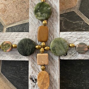 White Washed Wood Cross With Shades of Green and Beige Stones Attached ...