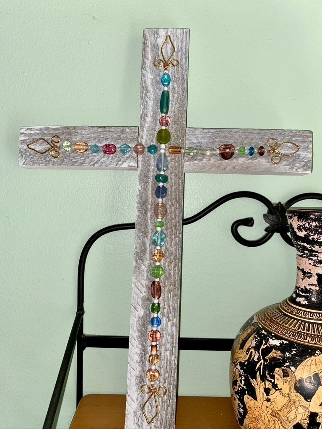 White Washed Wooden Cross With Pastel Glass Beads Affixed With Hand ...