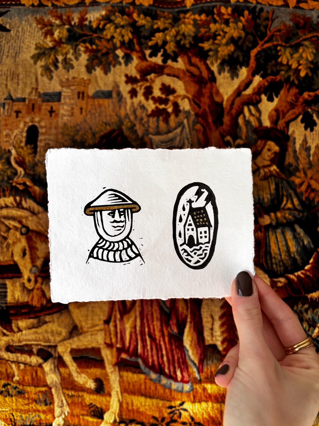 A6 Medieval Character and Church Linocut Print - Handmade Cotton Paper ...