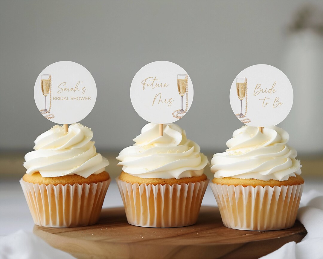 Pearls and Prosecco Cupcake Topper Template, Bridal Shower Decor ...
