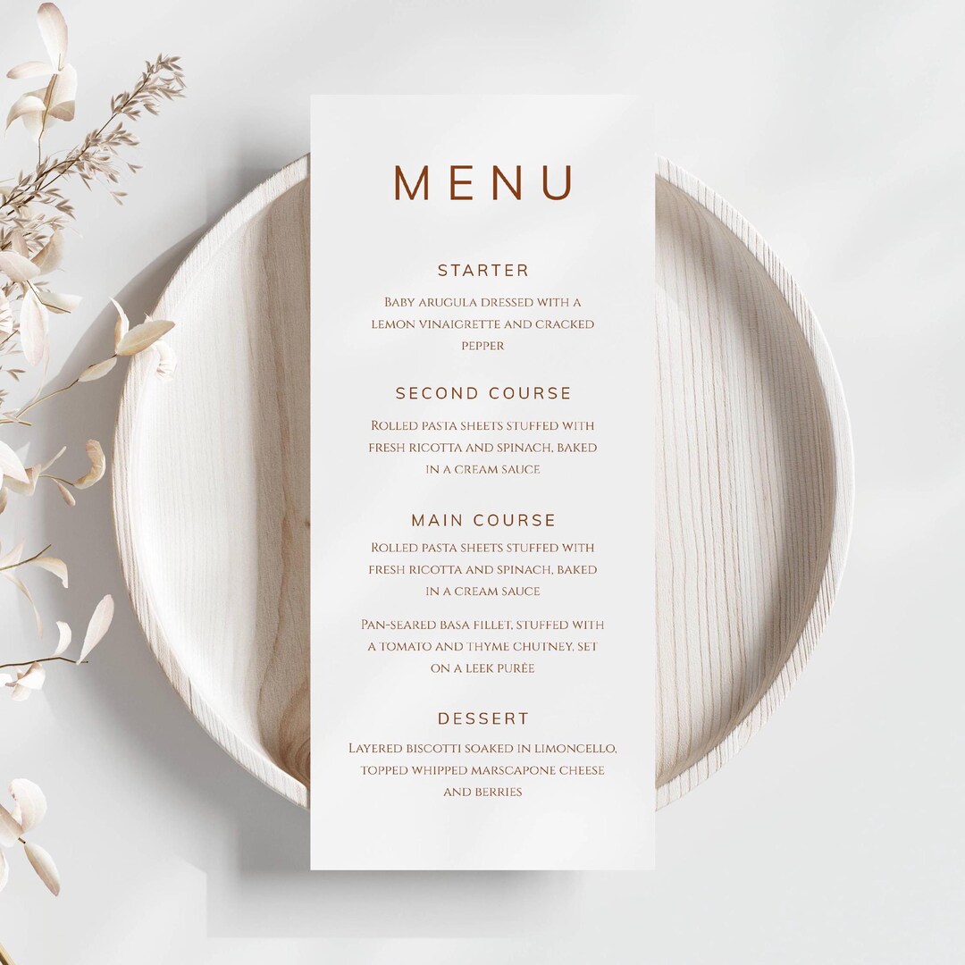 Boho Menu Card, Modern Minimalist Menu Card Template, Rustic Printable ...
