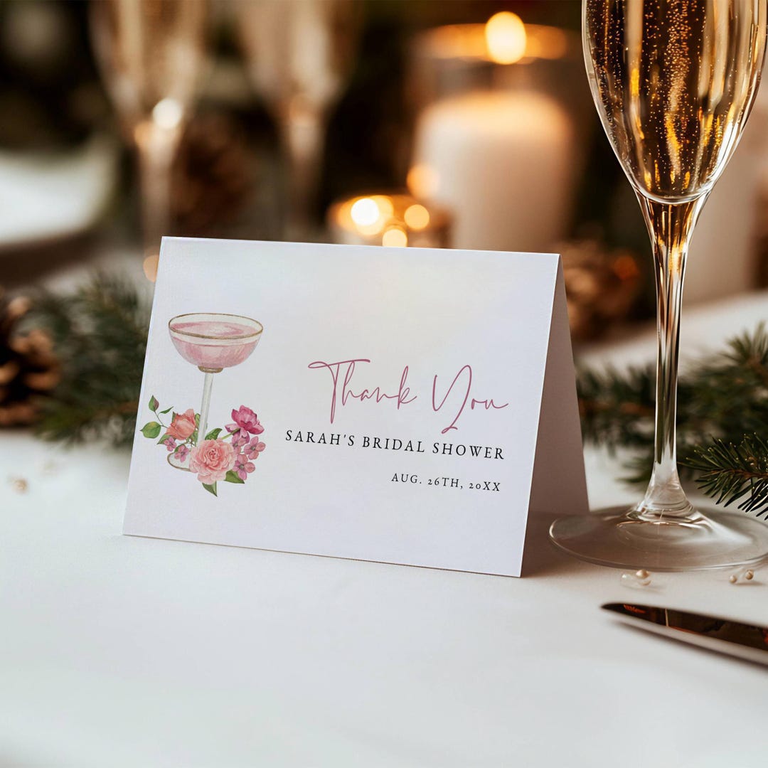 Petals and Prosecco Thank You Card Template, Modern Thank You Card Flat ...