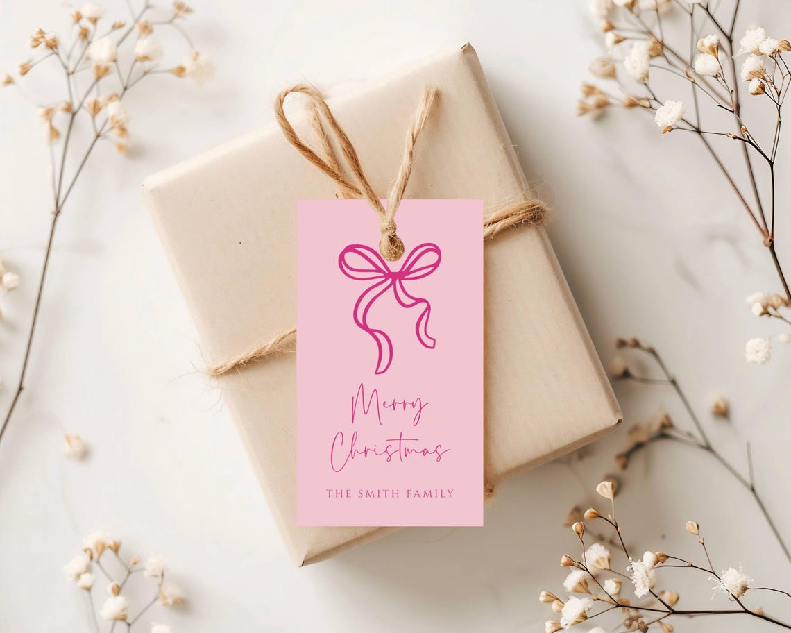 Coquette Christmas Tag Template, Pink Bow Holiday Favor Tag, Printable ...