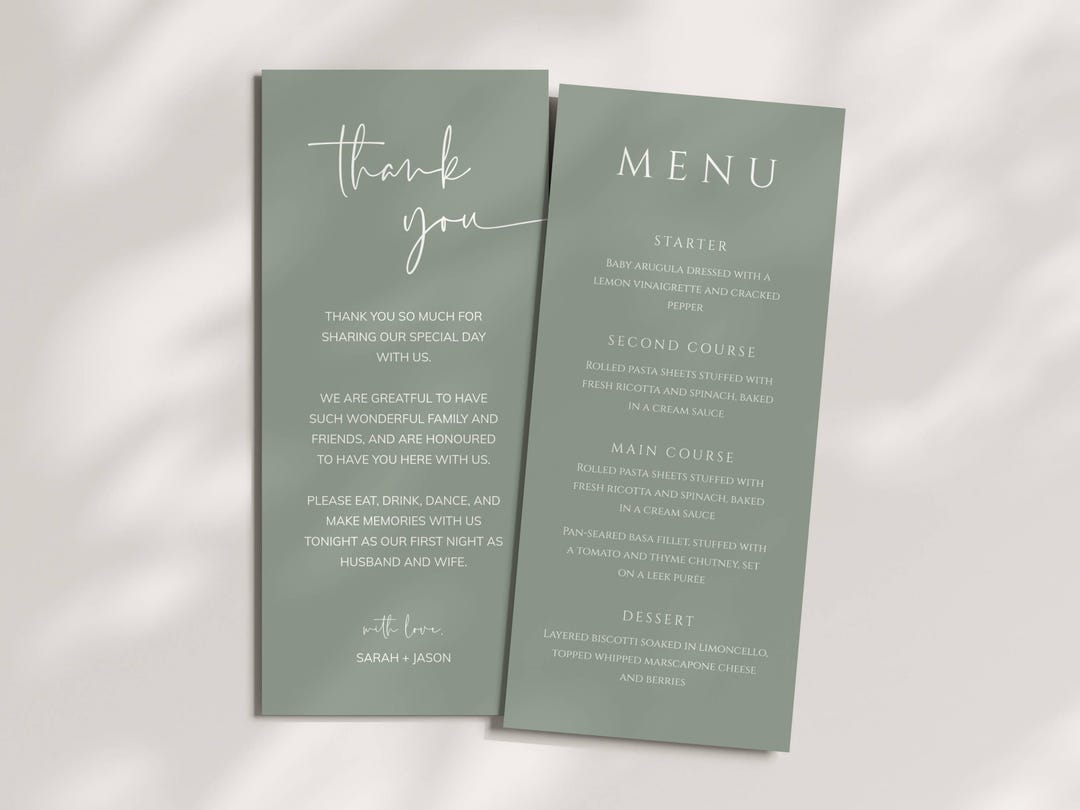 Sage Green Thank You Napkin Note, Modern Menu Card Template, Mint Green ...