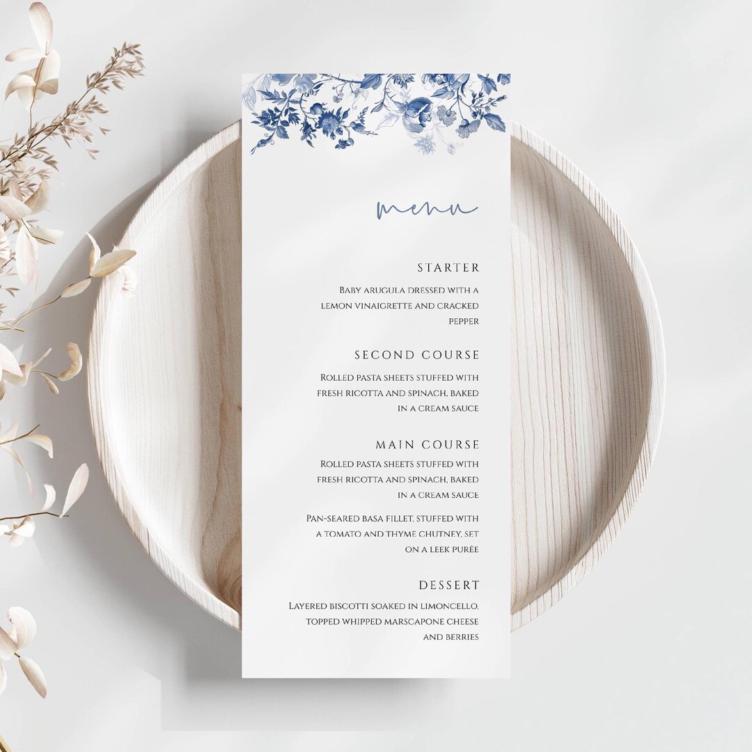 Toile Blue Menu Card, Modern Minimalist Menu Card Template, French Blue ...
