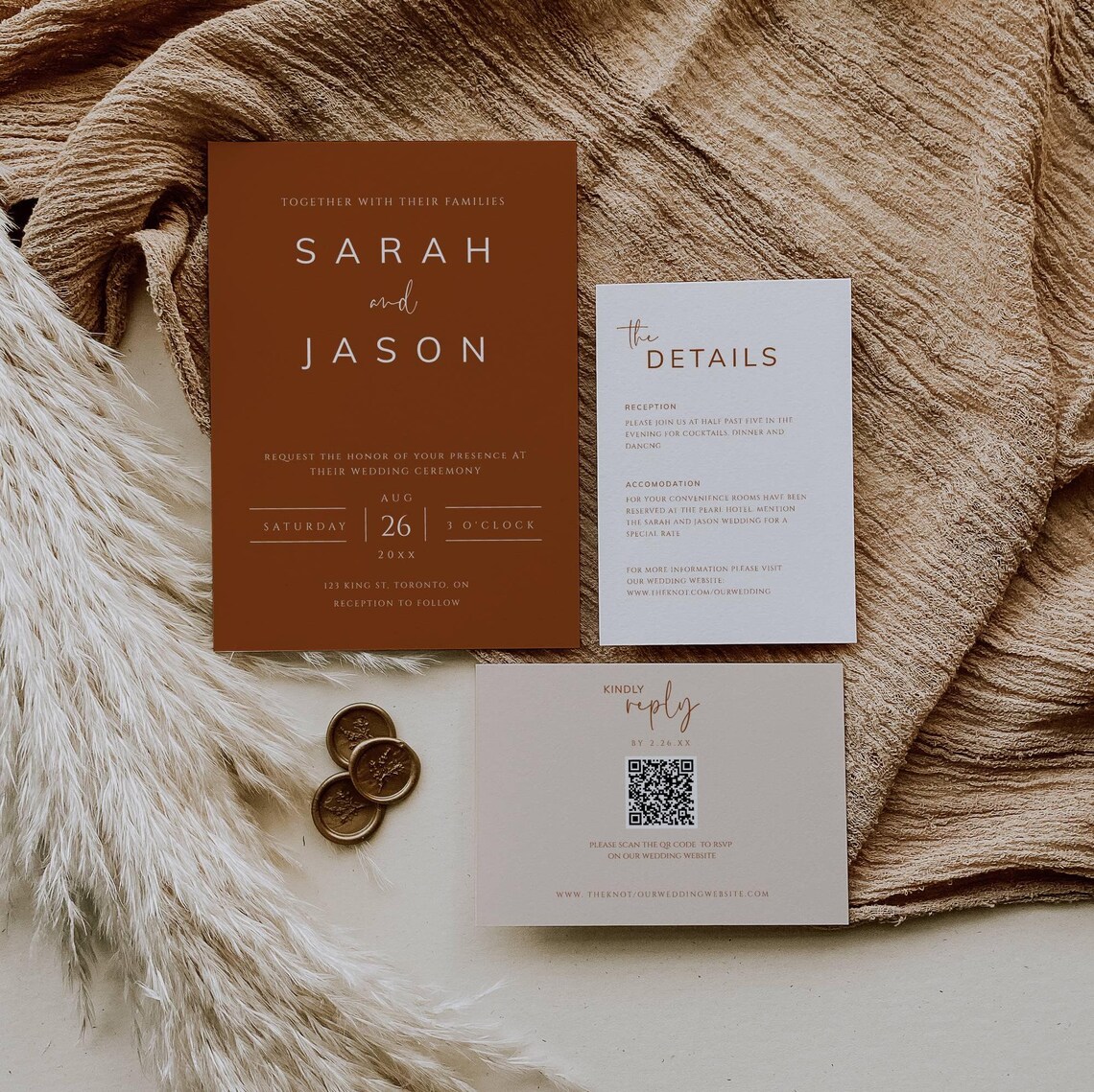 Terracotta Wedding Invitation Suite With QR Code, Modern Burnt Orange ...
