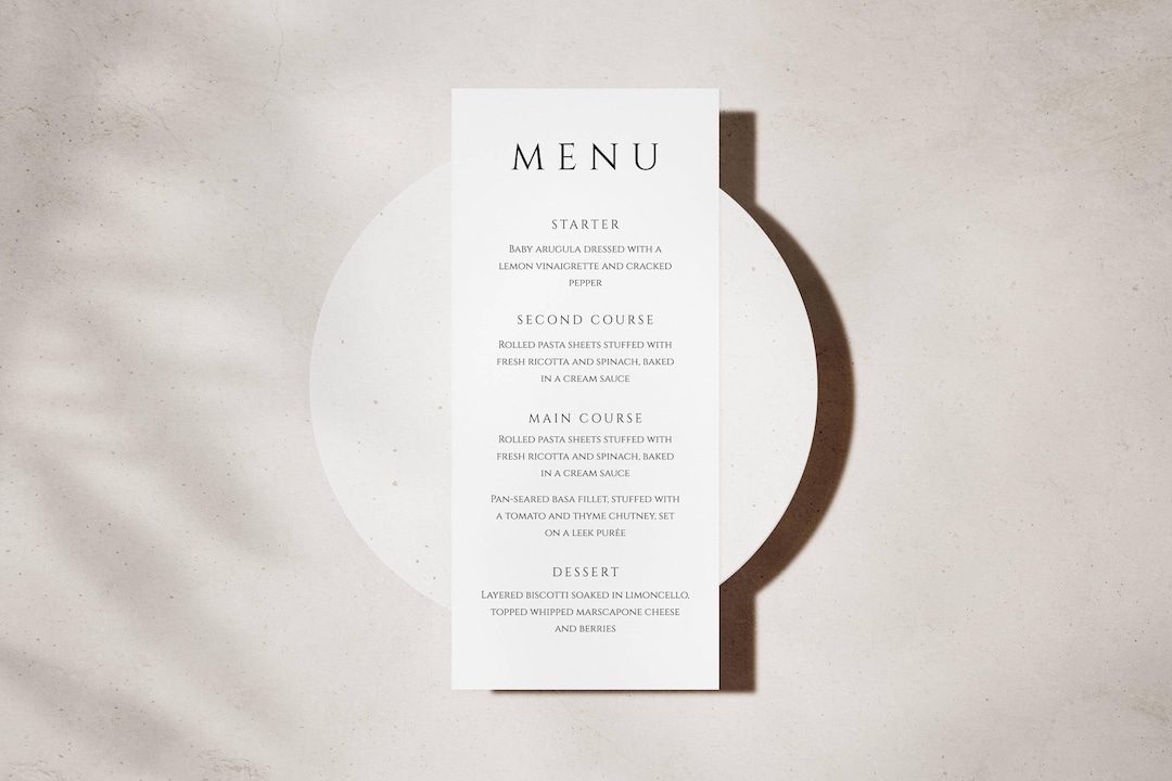Minimalist Wedding Menu Card Template, Modern Menu Card, Simple ...