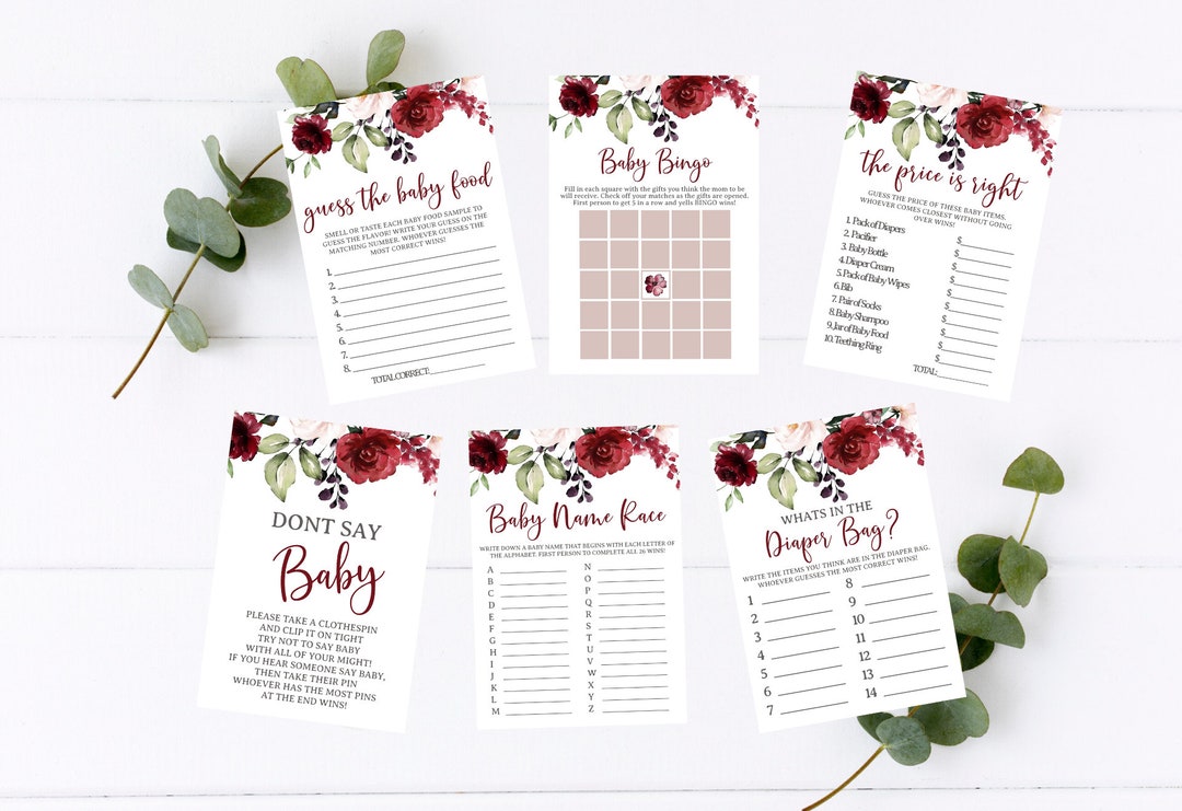 Burgundy Baby Shower Games Bundle, Baby Shower Decoration, Printable ...