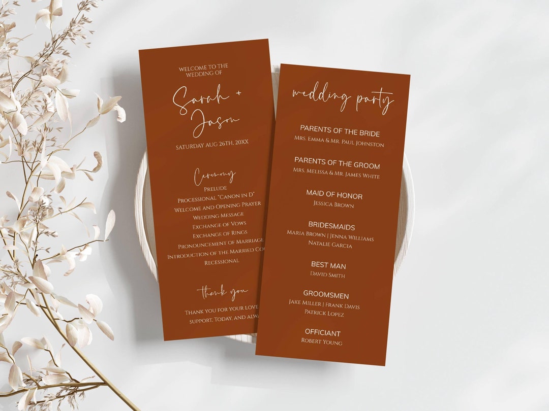 Terracotta Wedding Program Template, Boho Order of Service Card, Rust ...