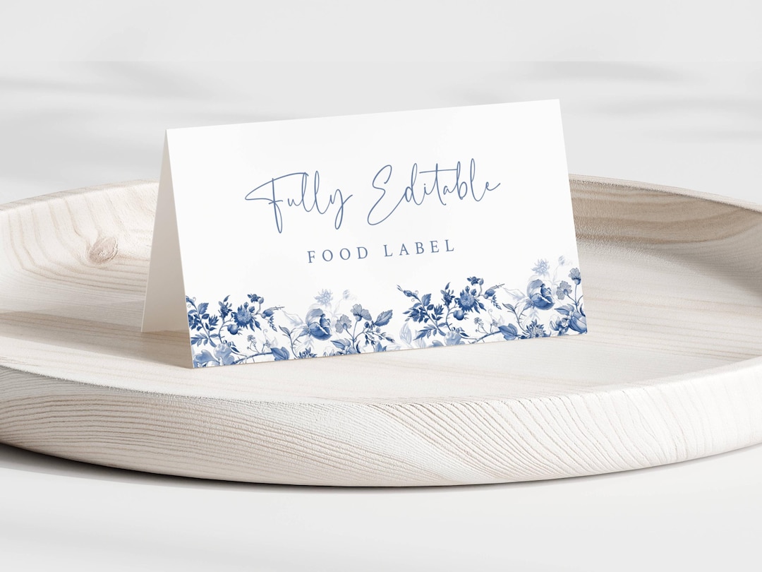 Dusty Blue Floral Food Label Cards Template, Bridal Shower Buffet Tent ...
