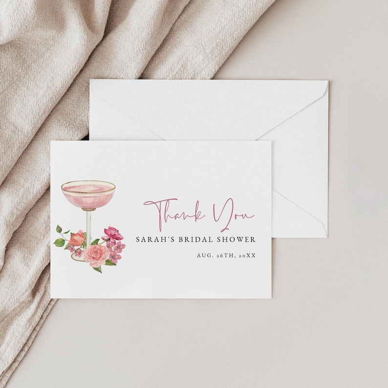 Petals and Prosecco Thank You Card Template, Modern Thank You Card Flat ...