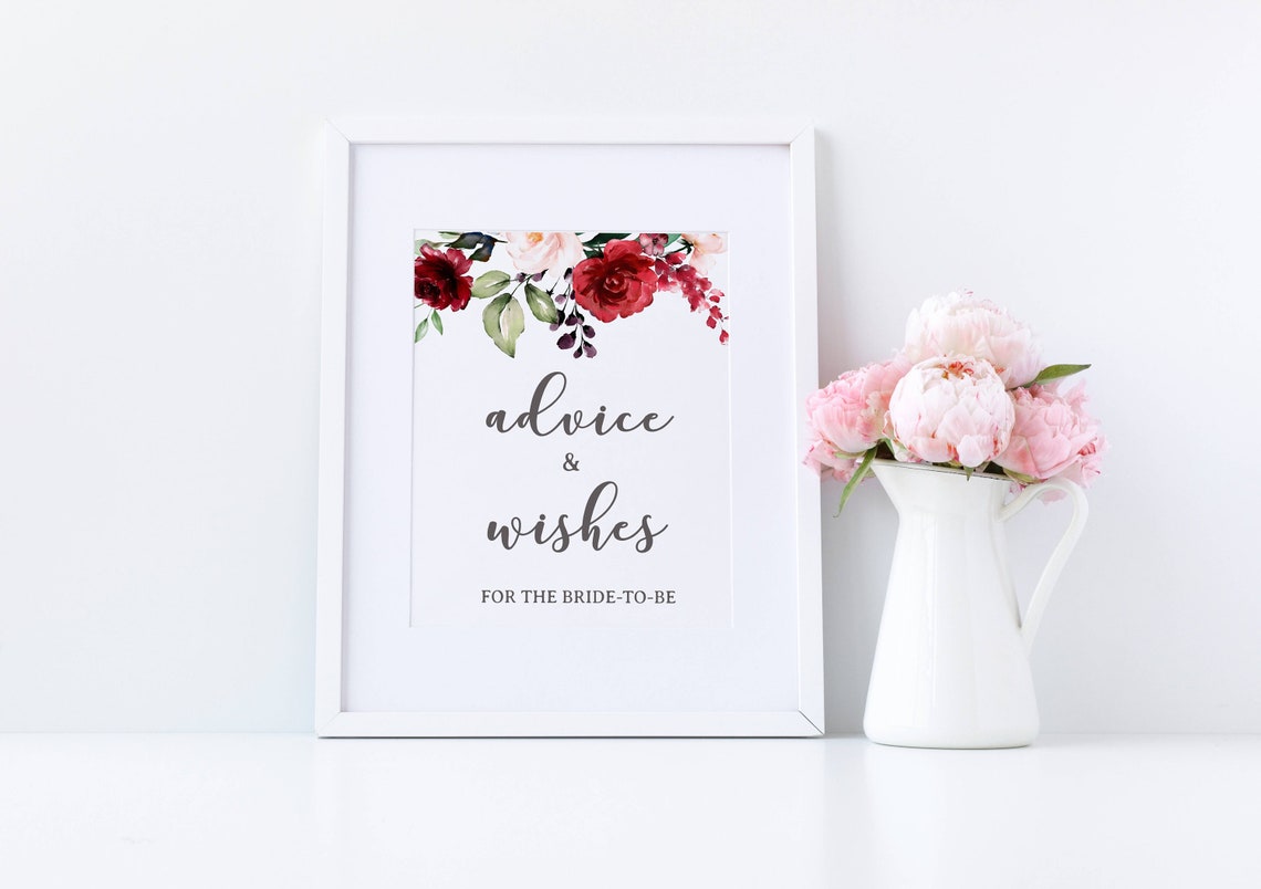 Advice and Wishes for the Bride to Be Sign, Burgundy Floral Bridal ...