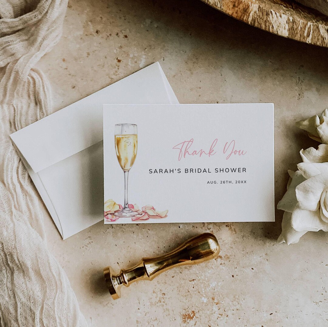 Petals and Prosecco Thank You Card Template, Modern Thank You Card Flat ...