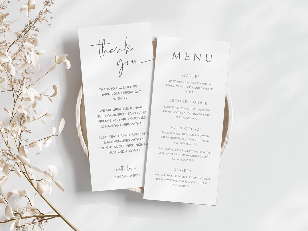 Sage Green Thank You Napkin Note, Minimalist Menu Card Template ...