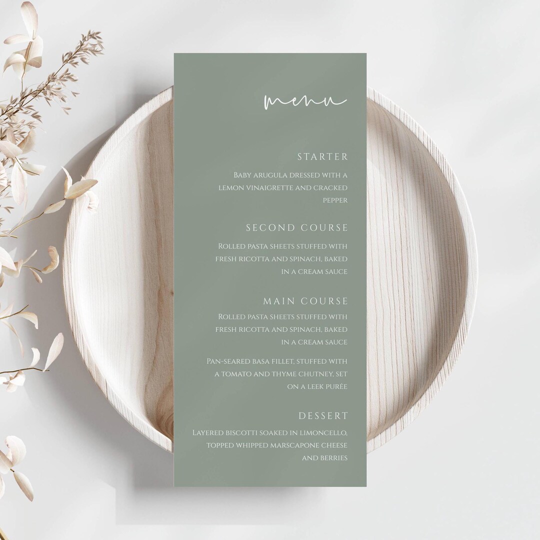 Sage Green Menu Card, Modern Minimalist Menu Card Template, Wedding ...