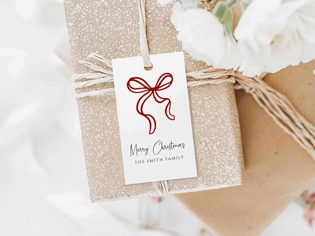 Coquette Christmas Tag Template, Red Bow Holiday Favor Tag, Printable ...