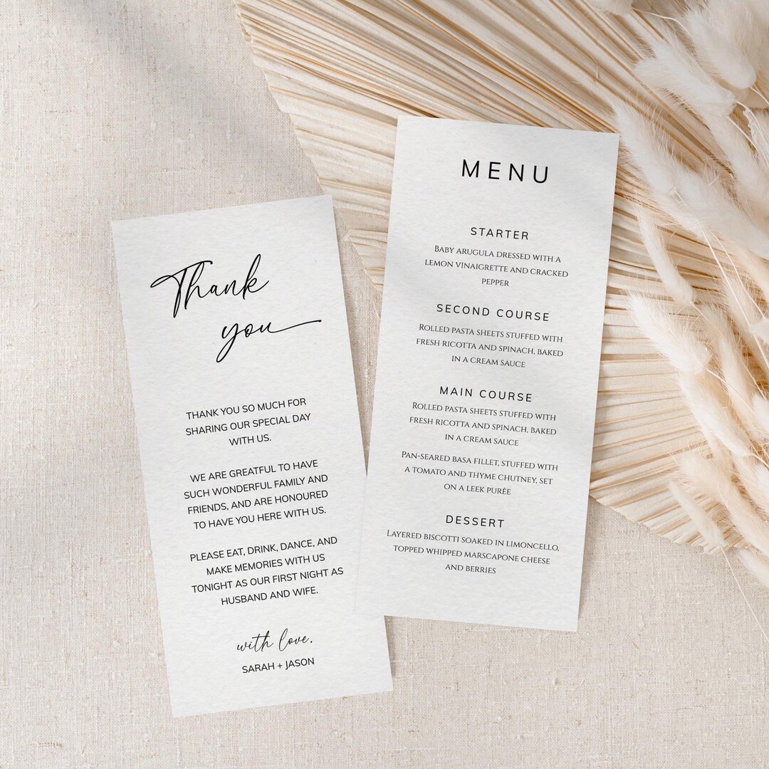 Minimalist Thank You Napkin Note, Modern Menu Card Template, Wedding ...