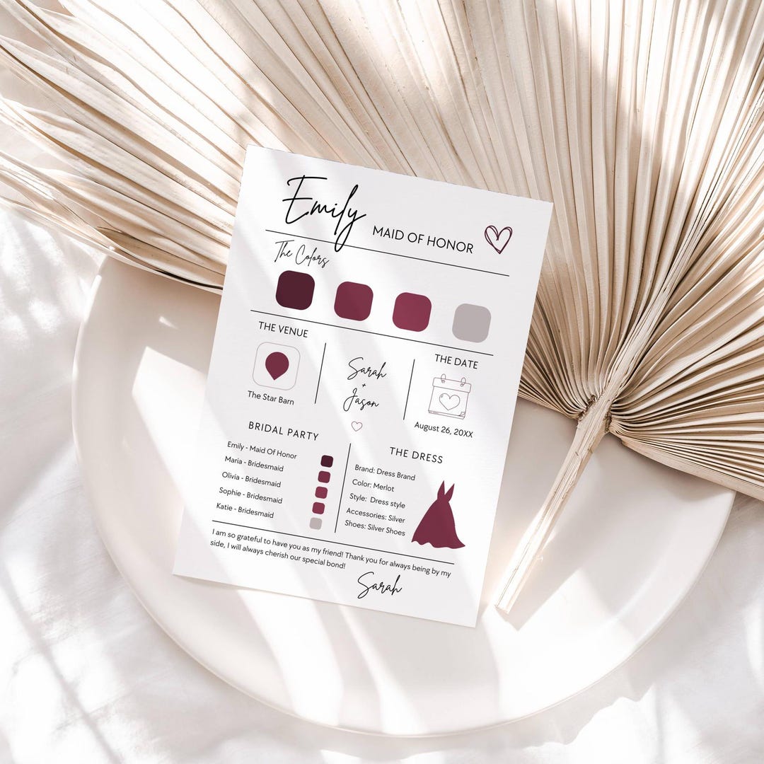 Bridesmaid Info Card Template, Bridal Party Info Card, Maid of Honor ...