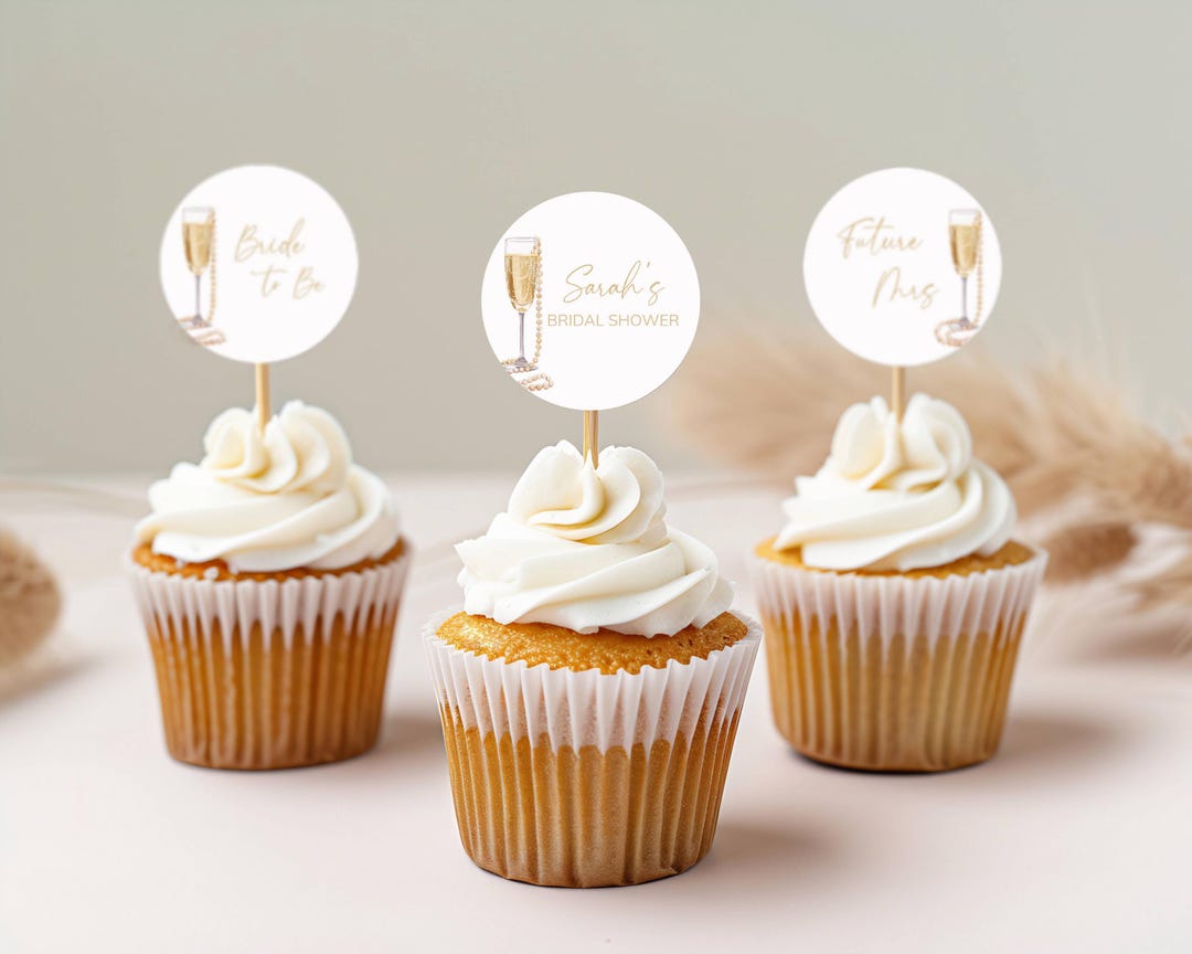 Cupcake Topper Template, Pearls and Prosecco Bridal Shower Decor ...