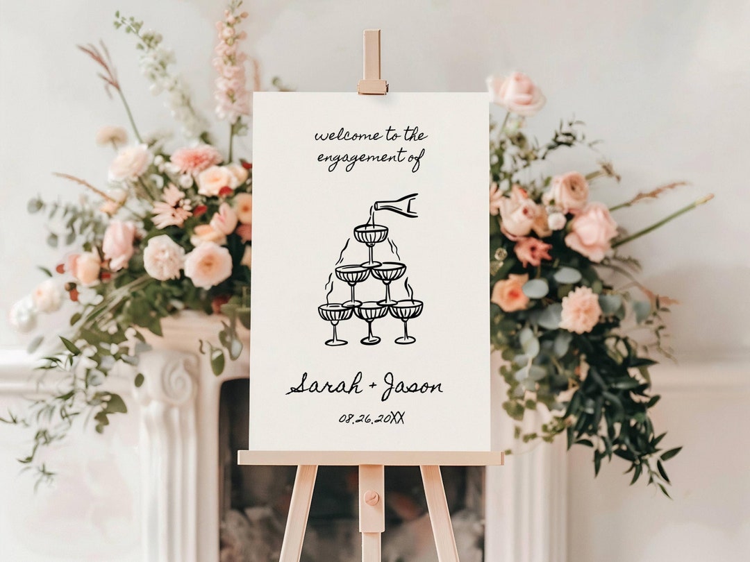Champagne Tower Engagement Welcome Sign Template, Hand Drawn Lets Toast ...