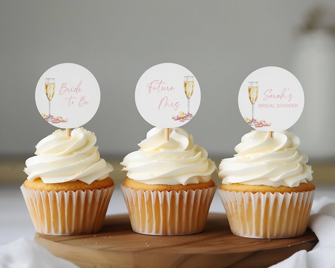 Petals and Prosecco Cupcake Topper Template, Blush Bridal Shower Decor ...