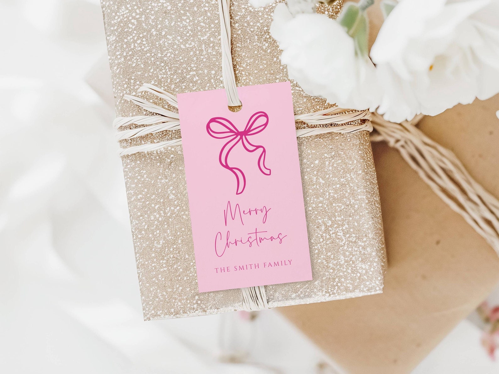 Coquette Christmas Tag Template, Pink Bow Holiday Favor Tag, Printable ...
