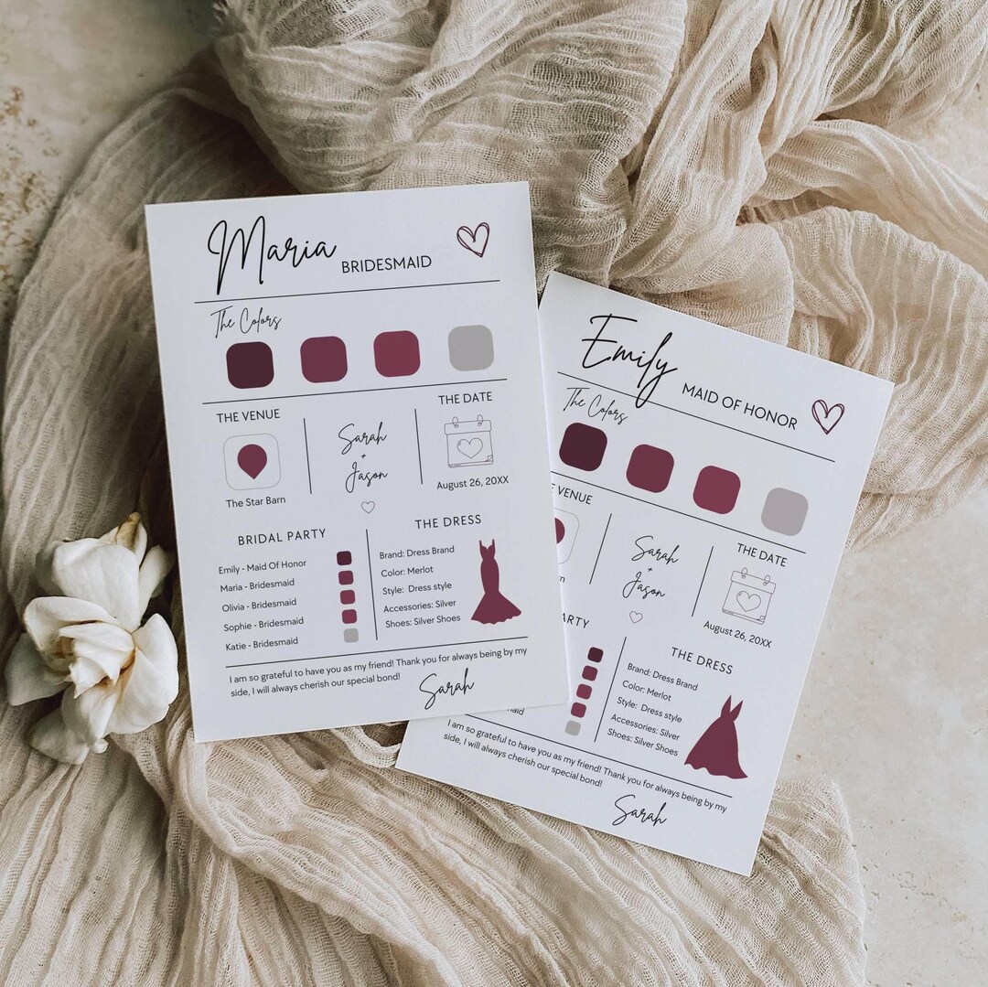 Bridesmaid Info Card Template, Bridal Party Info Card, Printable Maid ...