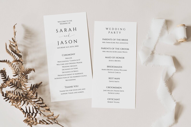 Minimalist Wedding Program Template, Order of Service Card, Simple ...